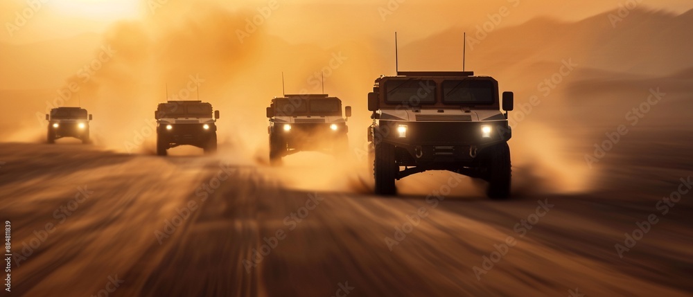 Military convoy of armored vehicles moving through a desert landscape ...