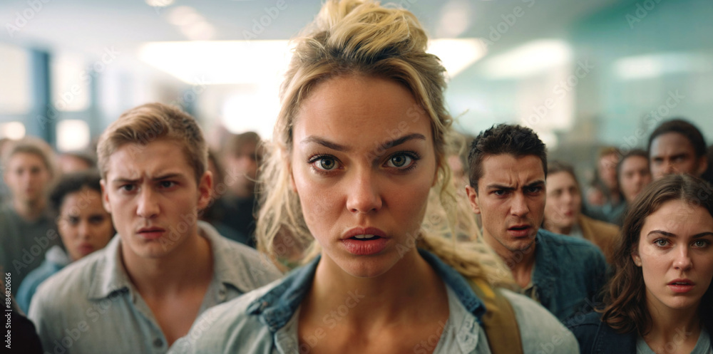 Angry young adult woman or teenage girl, riot and uproar, stress and ...