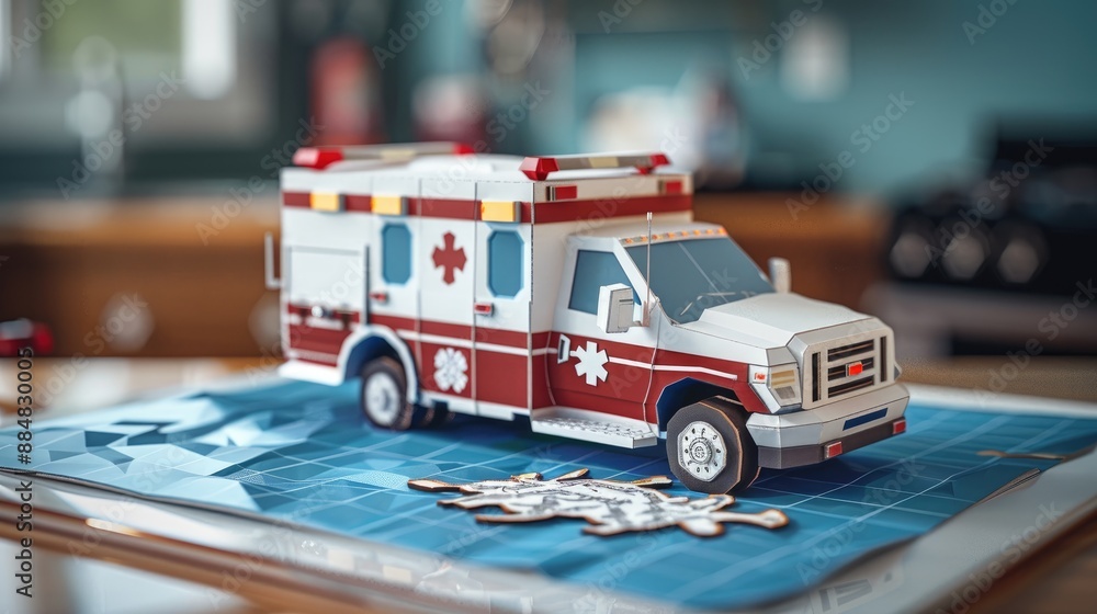 Ambulance model on a paramedic's table in paper art style, representing ...