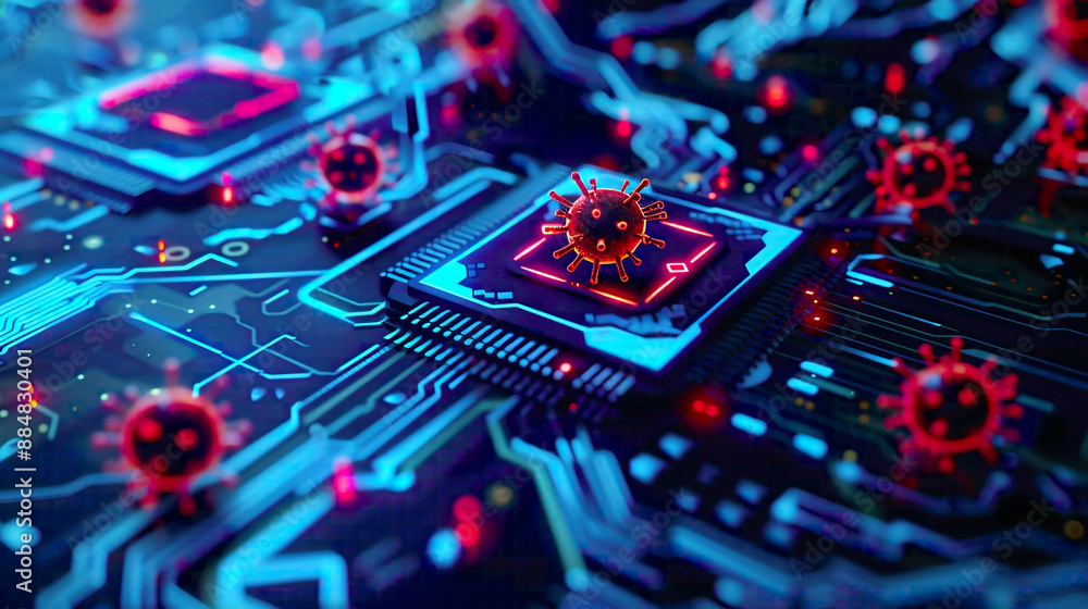 Visual depiction of a 3D render featuring a motherboard circuit ...