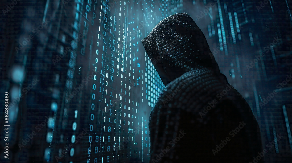 Visual depiction of a hacker looming over a screen with binary code ...