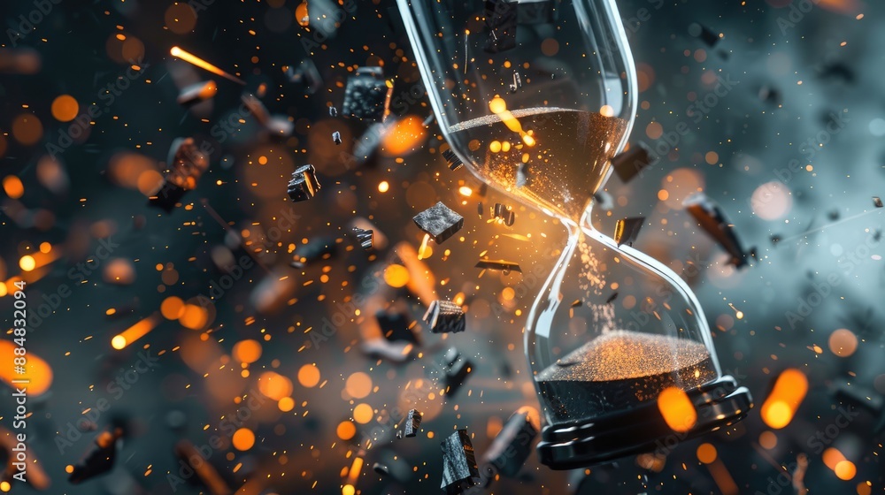 Conceptual image of an hourglass exploding into shards, representing ...