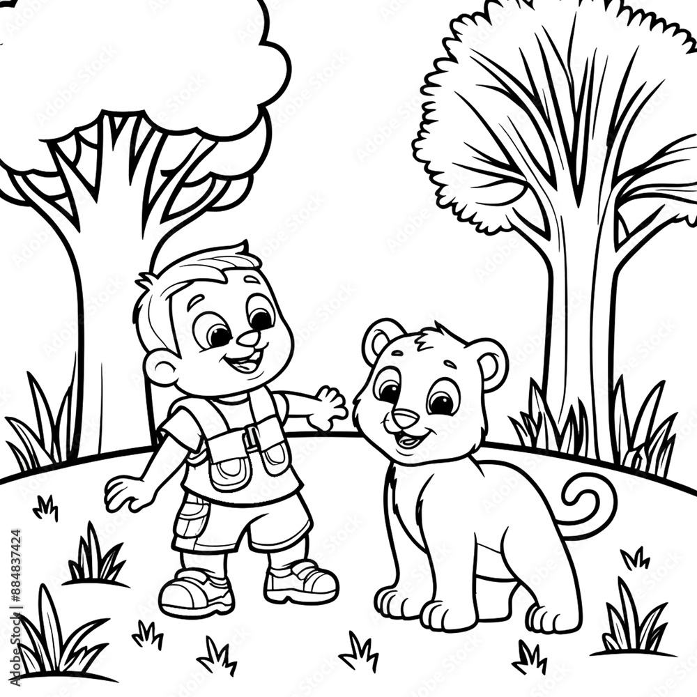 A Cute Little Boy And His Dog Playing On Outdoors Playground In Nature ...