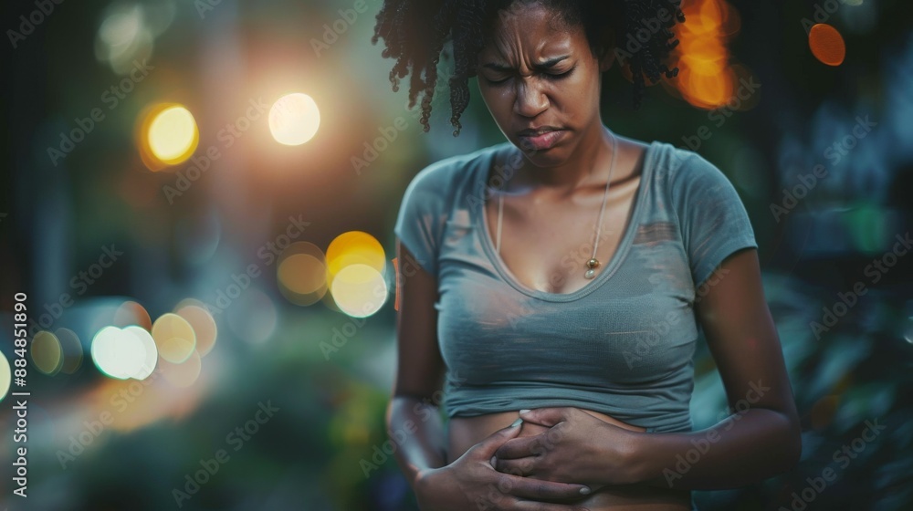 Person experiencing severe bloating and gas pain, shown holding their ...