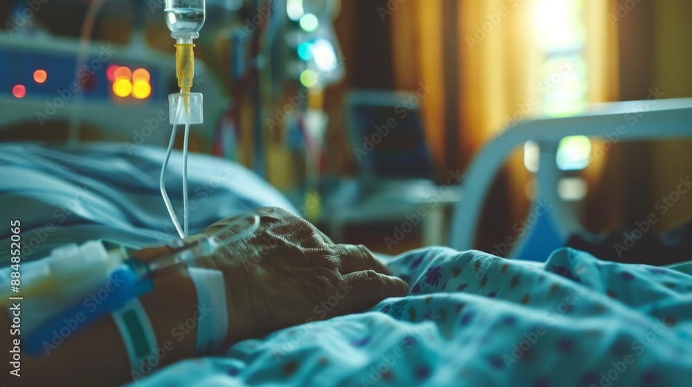 Person in a hospital bed, hooked up to an IV, receiving treatment for ...
