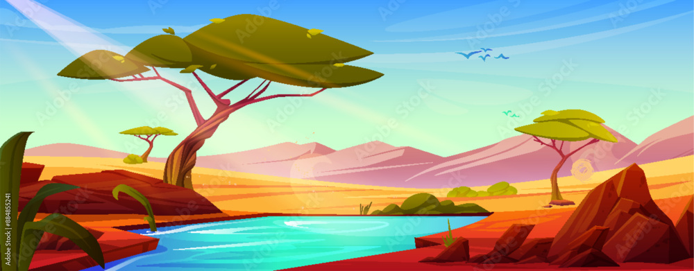 African savannah cartoon landscape with green acacia trees and water in ...