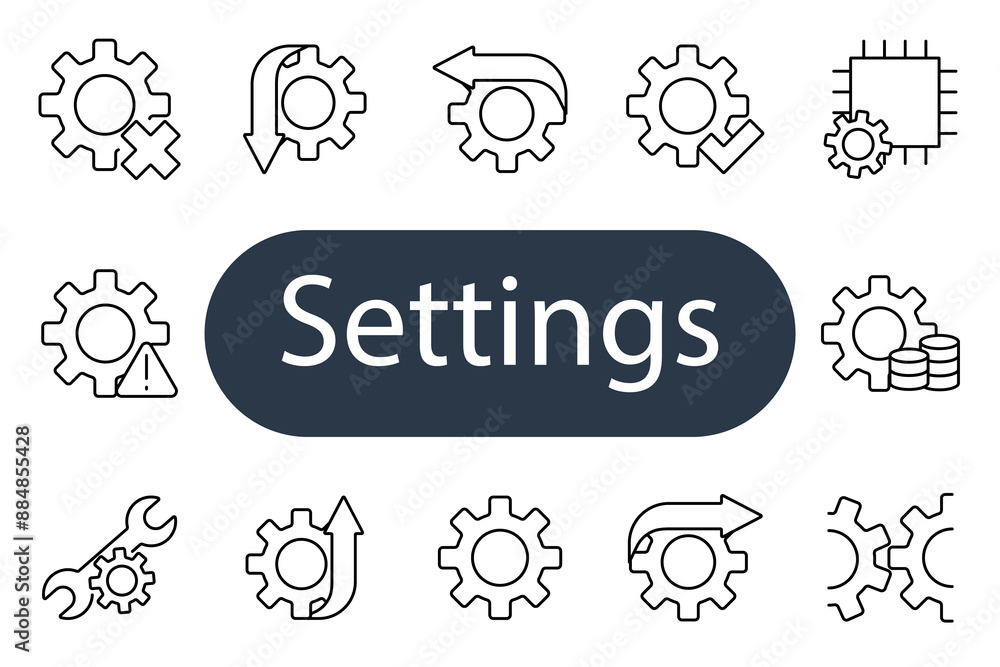 Settings set icon. Gear, wrench, warning, arrow, integration, settings ...