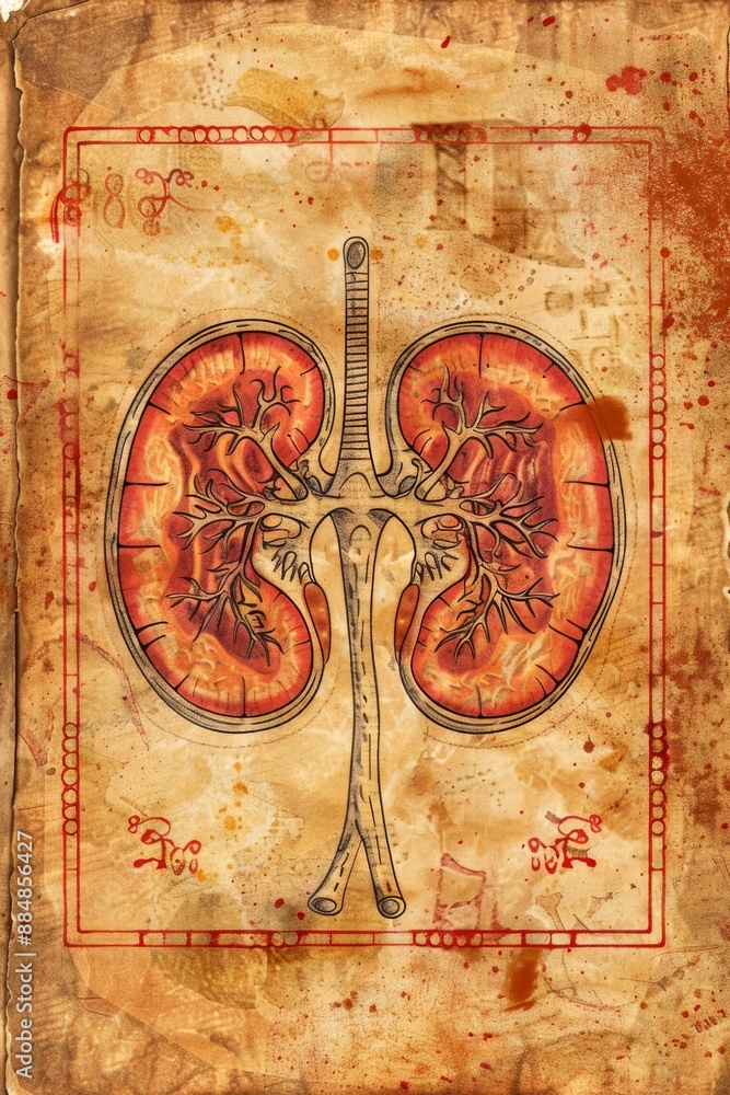 watercolor clipart of Kidneys on parchment page, vintage scrapbook page ...