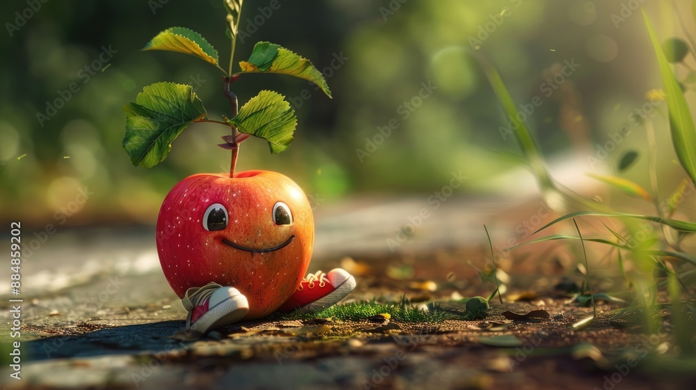 Cute apple with a smiling face and little sneakers dashing along a ...