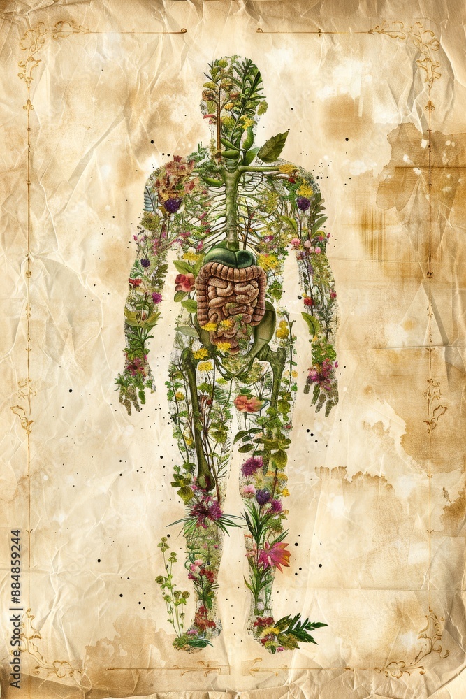 watercolor clipart of human anatomical body made up of botanical ...