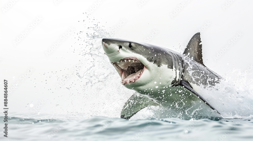 A high-resolution of a great white shark lunging forward with its jaws ...