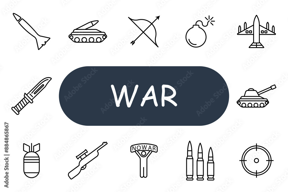 War set icon. Missile, tank, bow, bomb, airplane, knife, rifle, bullets ...