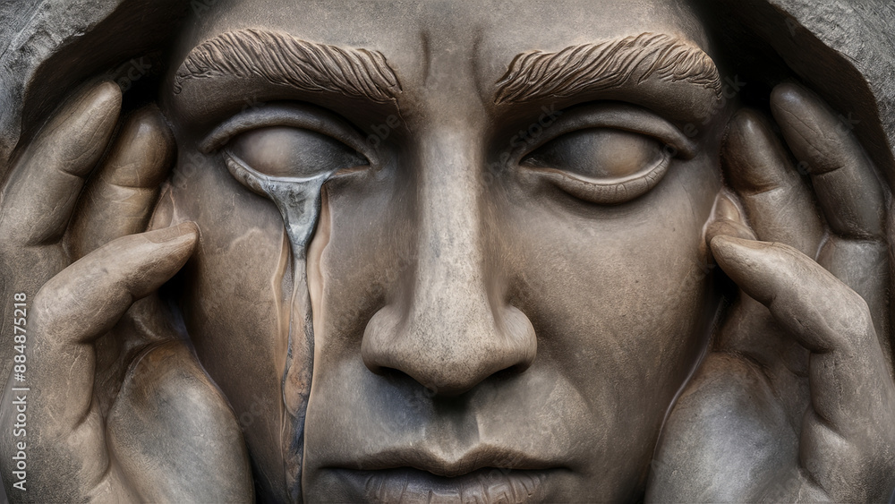 Realistic Stone Sculpture of a Human Face with Dramatic Tear and Hands ...
