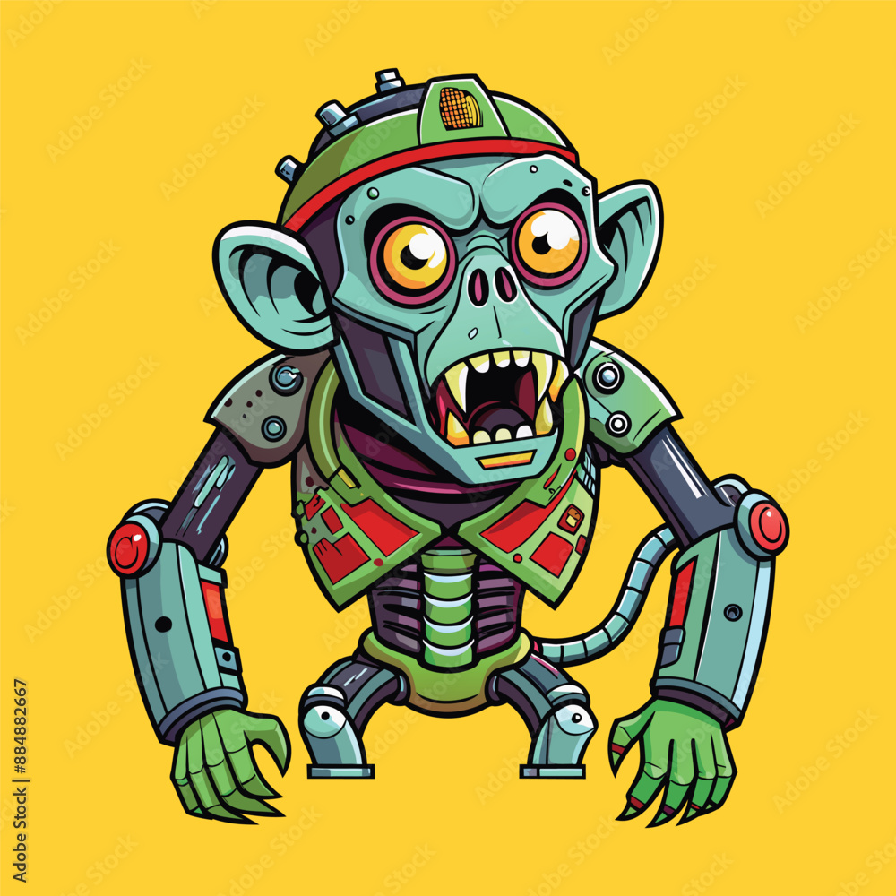 cartoon illustration of mecha robotic monkey, zombie monkey, flat ...