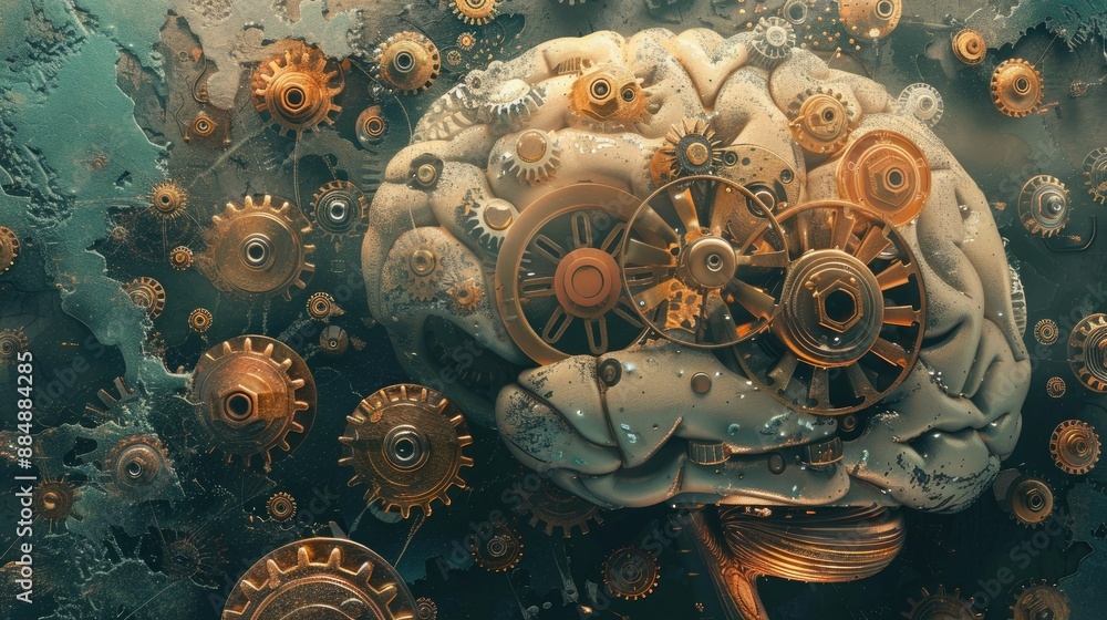 Digital rendering of gears meshed inside a human brain, representing ...