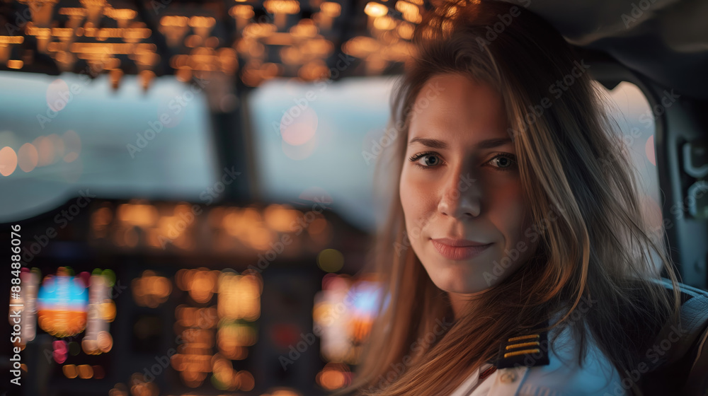 Confident Female Flight Captain Sitting in Boeing 737 Cockpit, Looking ...