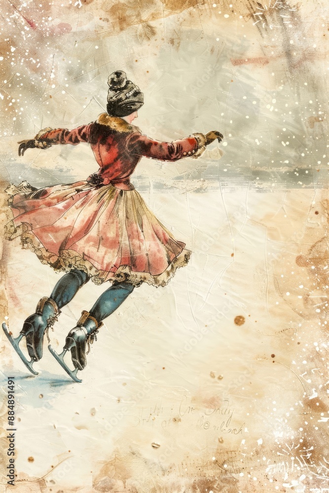 watercolor clipart of Woman ice skating in vintage winter clothing on ...