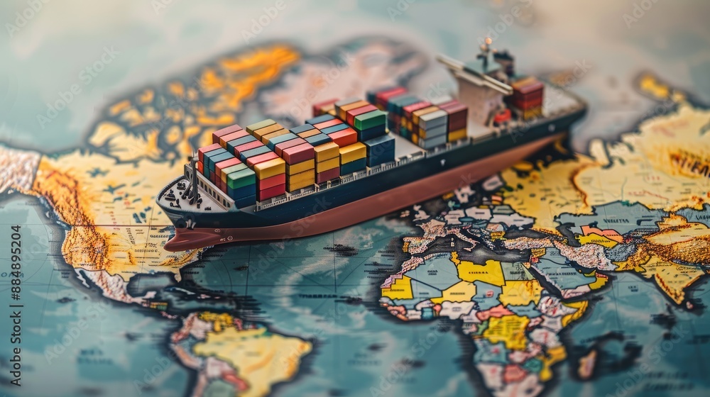 Global trade concept with a container ship model placed on a world map ...