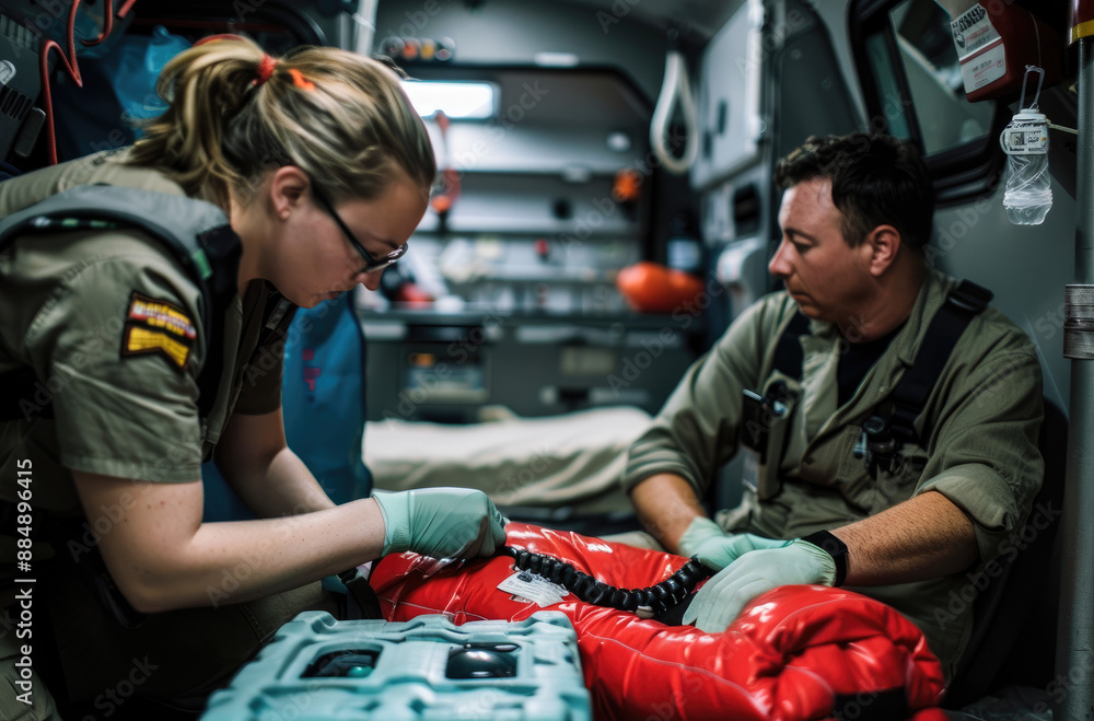 an ambulance with two paramedics in high-visibility yellow . One male ...