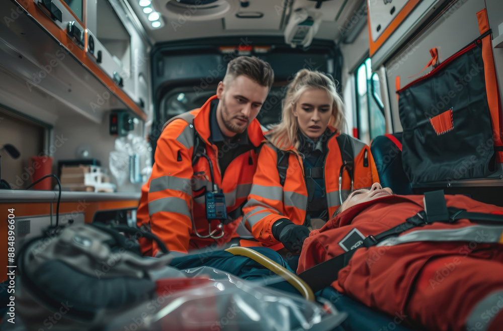 an ambulance with two paramedics in high-visibility yellow . One male ...