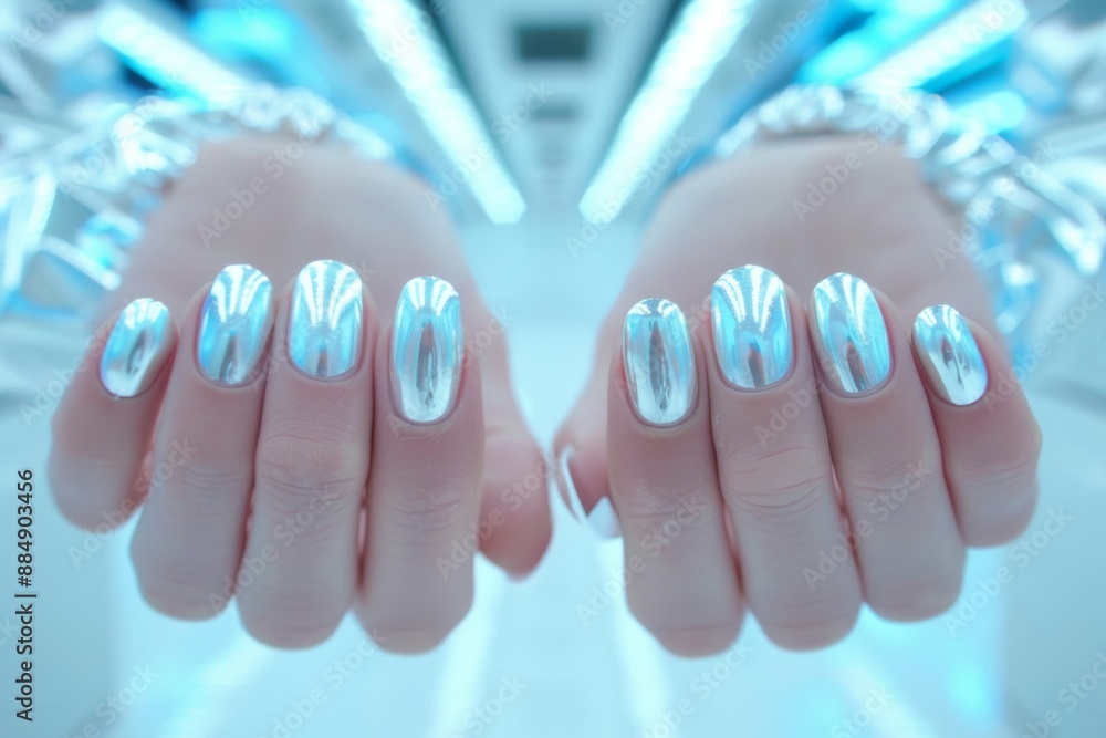 Futuristic Silver Nail Designs on Womans Hands in a High-Tech, AI ...