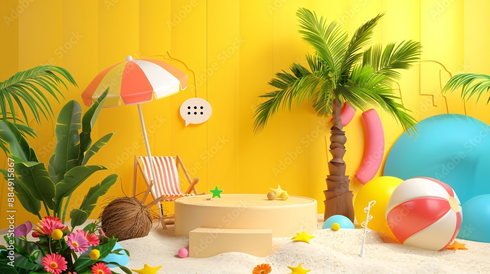 2. Beach-themed summer sale setup with a sand-covered podium, tropical ...