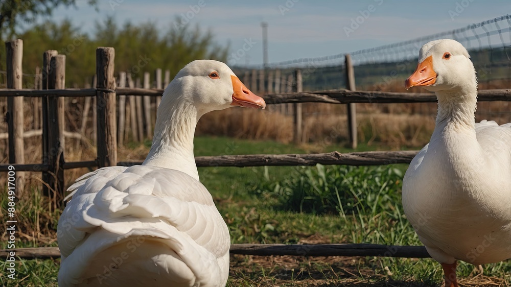 Three funny white geese - Funny image with three domestic geese behind ...