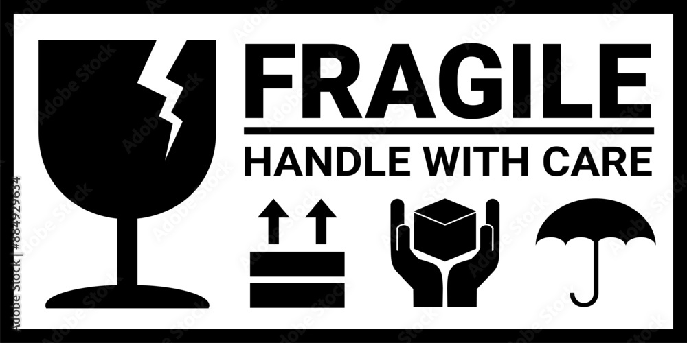 sticker fragile handle with care, black and white warning label, fragile label with broken glass ...
