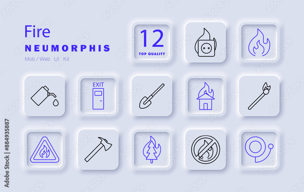 Fire safety set icon. Fire extinguisher, exit, smoke detector, alarm ...