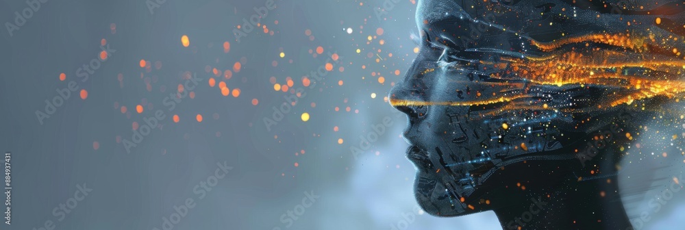 AI, Artificial Intelligence. Robot Head with digital graphic on light ...