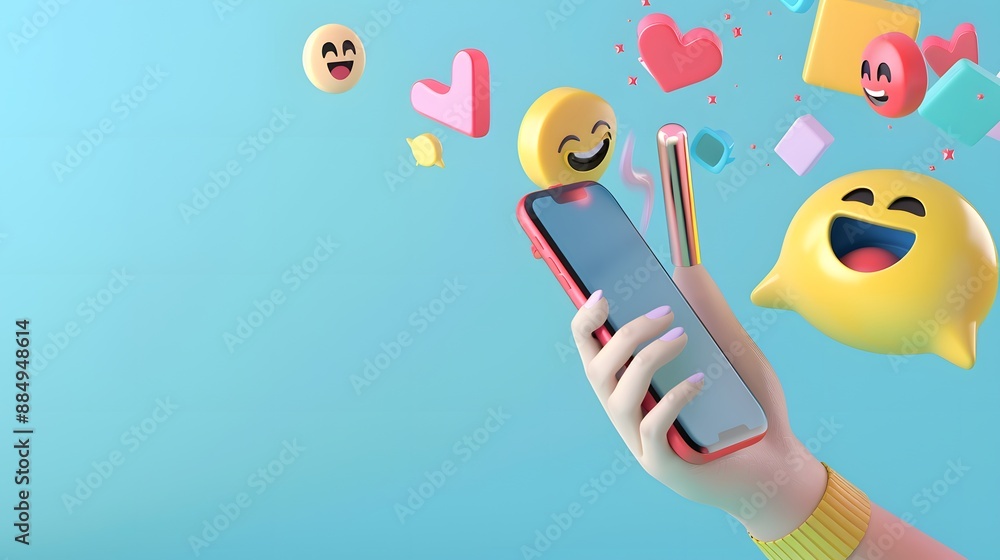 Social Media Influence, Vibrant 3D design featuring a hand using a ...
