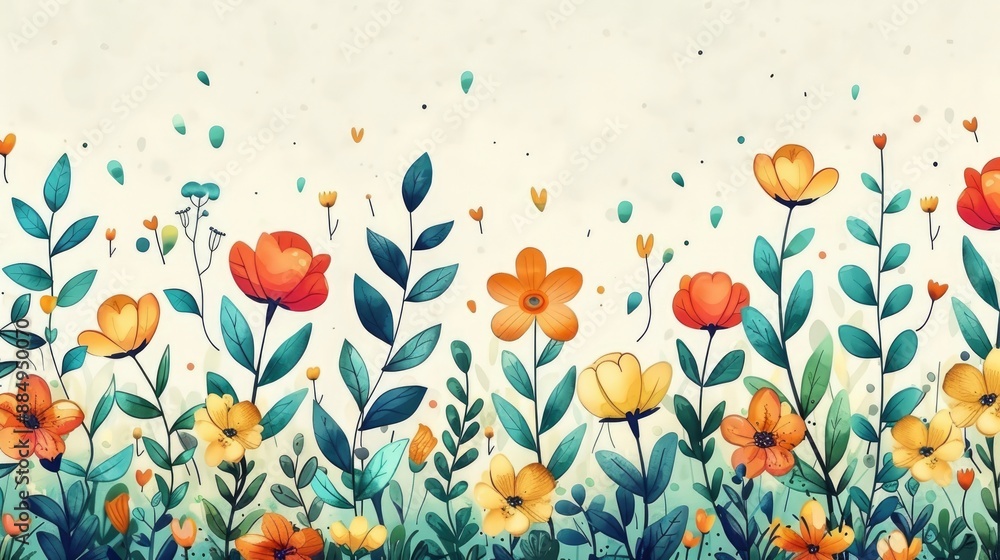 Blank white page with colorful cartoon flowers and plants around the ...