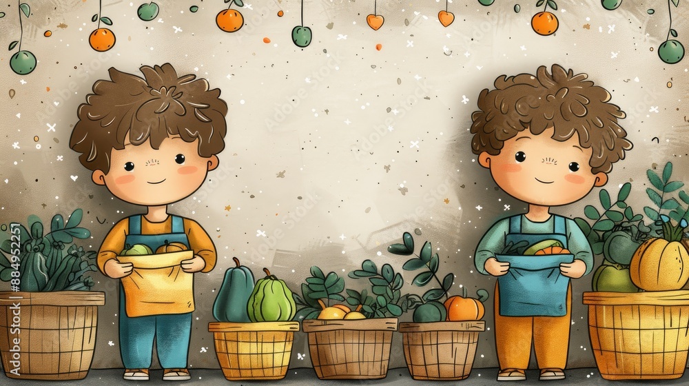 Blank white page with colorful cartoon fruits and vegetables around the ...