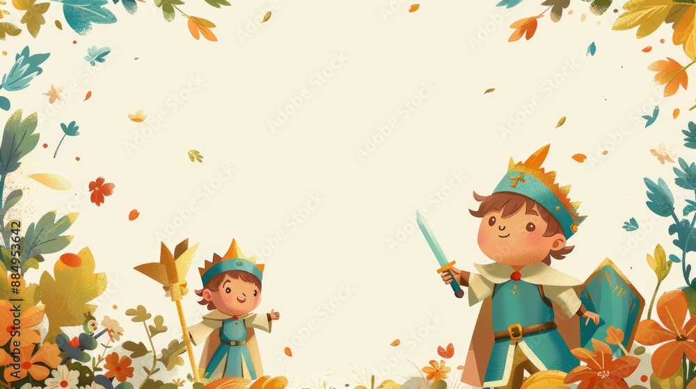 Blank white page with colorful cartoon knights and medieval items ...