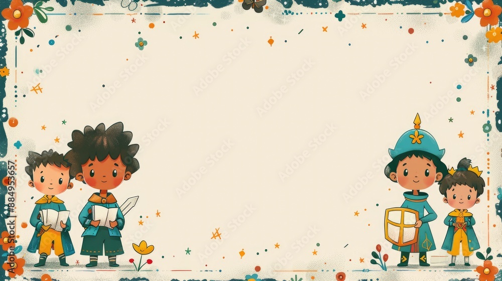 Blank white page with colorful cartoon knights and medieval items ...