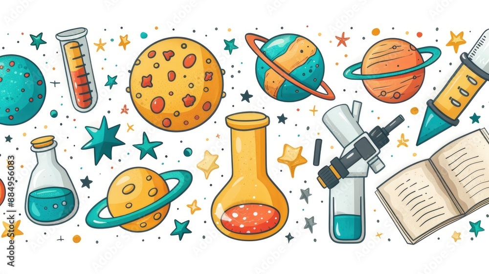 Blank white page with colorful cartoon science lab items around the ...