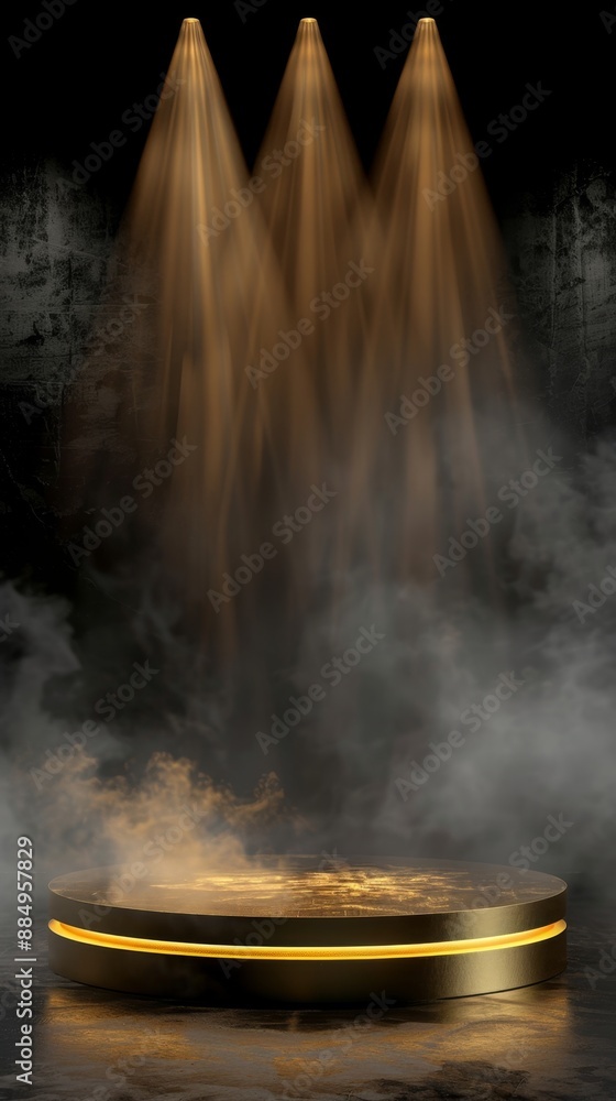 Golden Podium with Smoke on Abstract Dark Background. Illuminated ...