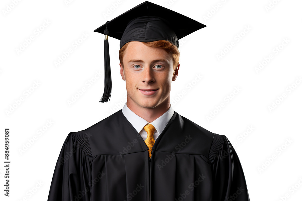 Handsome young ginger man in graduation cap and gown isolated on ...