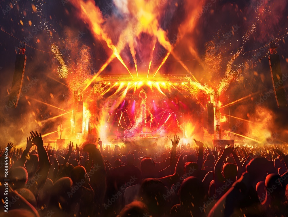 main stage on a rock festival with flames, laser and pyrotechnic ...