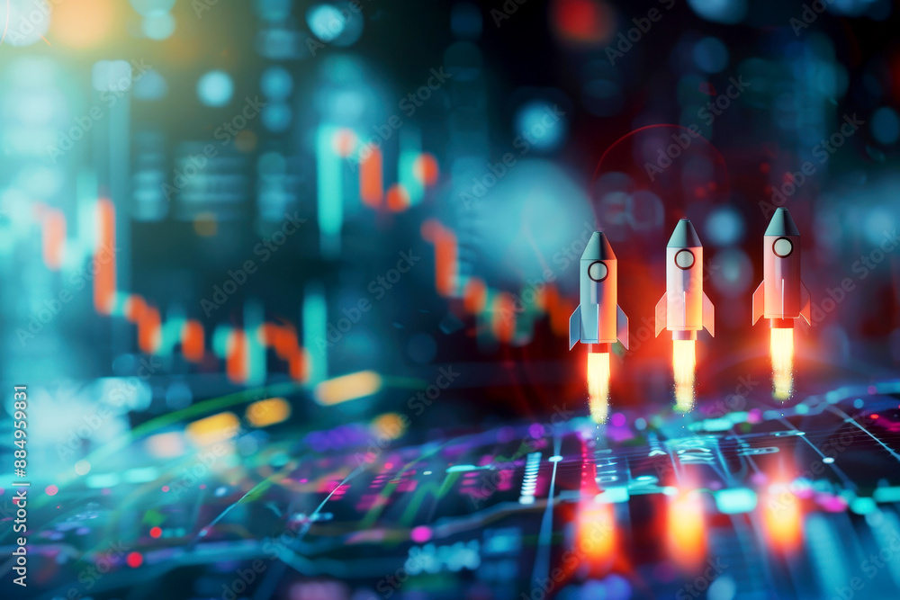 Rocket taking off with fire and smoke over neon glowing light. blur ...