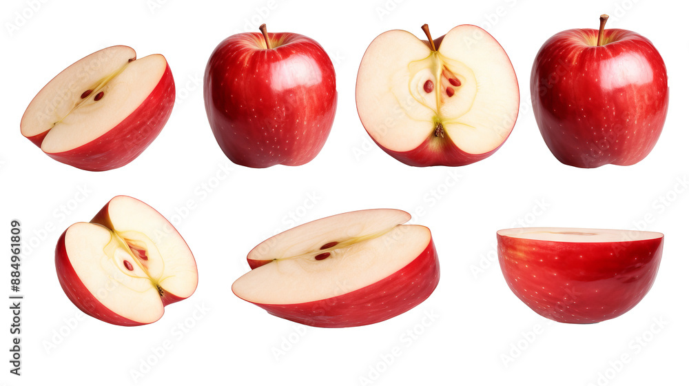 Various red apple views including sliced, halved, and whole from ...