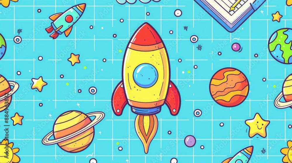 Cute cartoon space pattern, with colorful icons of planets and rockets ...