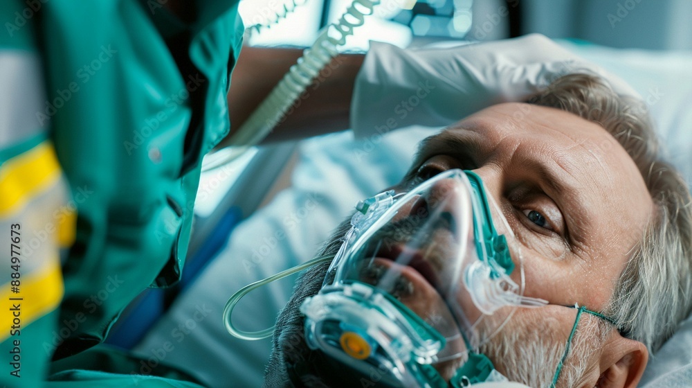 Middle-aged man with an oxygen mask, lying in an ambulance, paramedic ...
