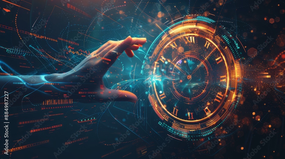 Abstract technology background with futuristic digital clock face and ...