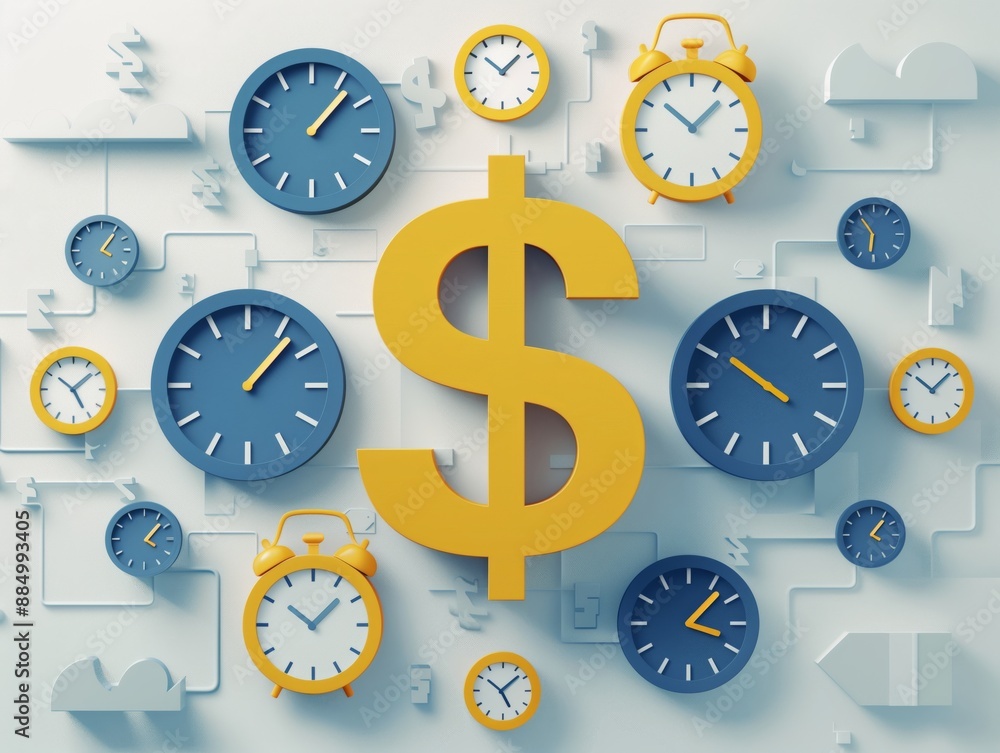 Assorted clocks and a bold dollar sign depict times value in finance ...