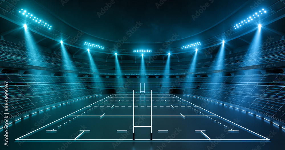 Futuristic rugby stadium at night with shining spotlights and thrilling ...