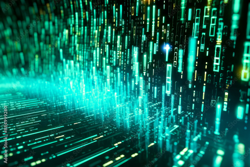 Abstract matrix data techno binary code glowing background. Digital ...