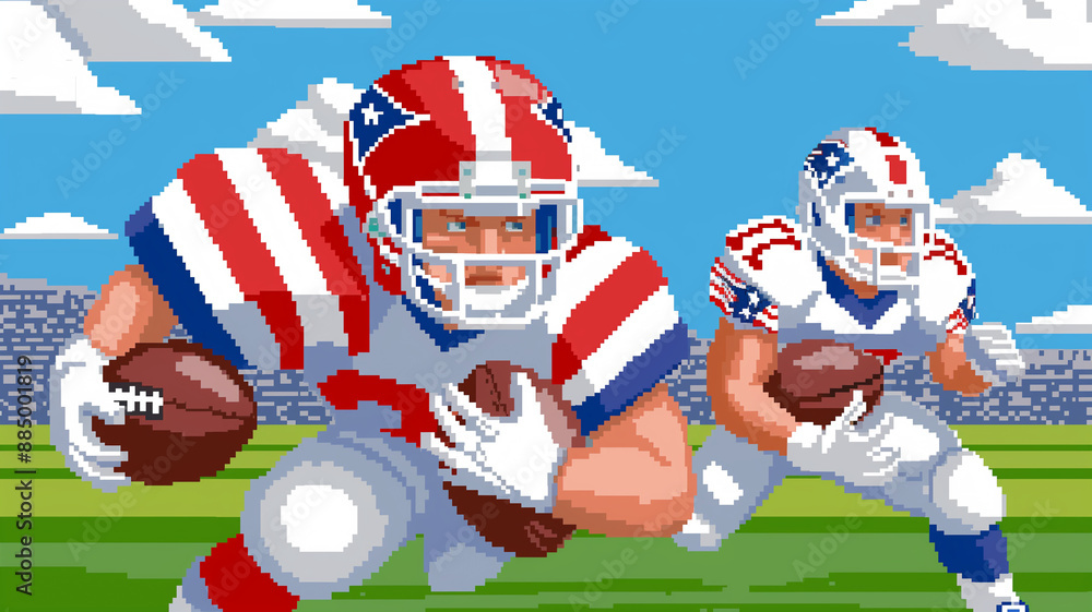 Pixel art illustration of two football players in action on the field ...