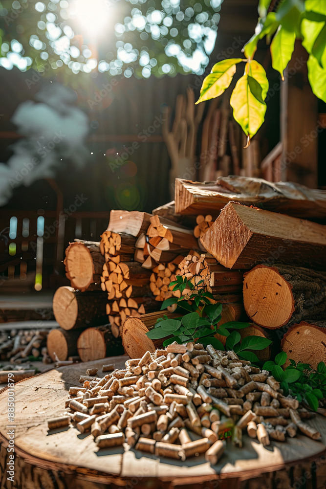 Ground level of heap of compressed wood pellets stacked on floor near ...