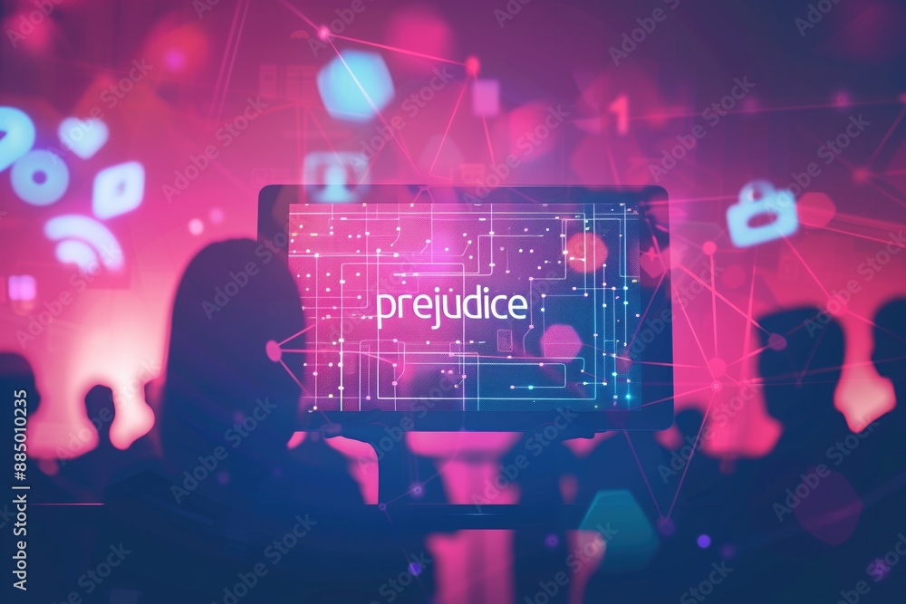People looking at a screen displaying the word "prejudice" with social ...